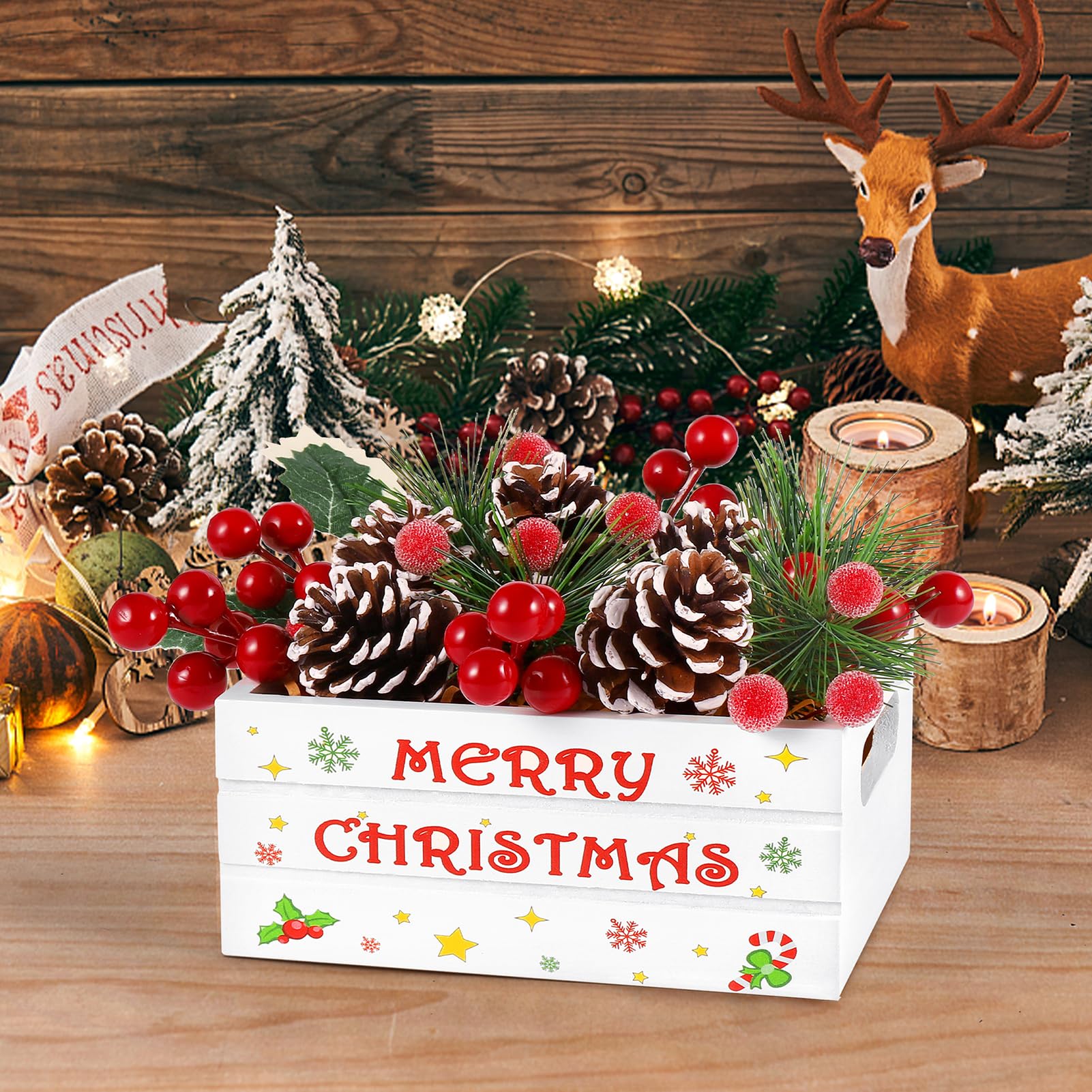 Christmas Table Centerpieces Mini Merry Christmas Wooden Crate, Christmas Tiered Tray Decorations Christmas Flower Arrangements with Pinecone Red Berries for Tiered Tray Shelf Table Kitchen Home Decor