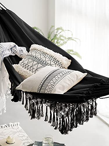 Xuanmuque Double Sized Boho Macrame Black Hammock with Elegant Tassels and Fishtail Knitting 485Lbs Includes Tie Ropes and Black Drawstring Bag for Women