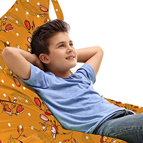 Ambesonne Orange Lounger Chair Bag, Botanical Blooms Buds in Fall Petals on White Polka Dots Background, High Capacity Storage with Handle Container, Lounger Size, Marigold and Pale Vermilion