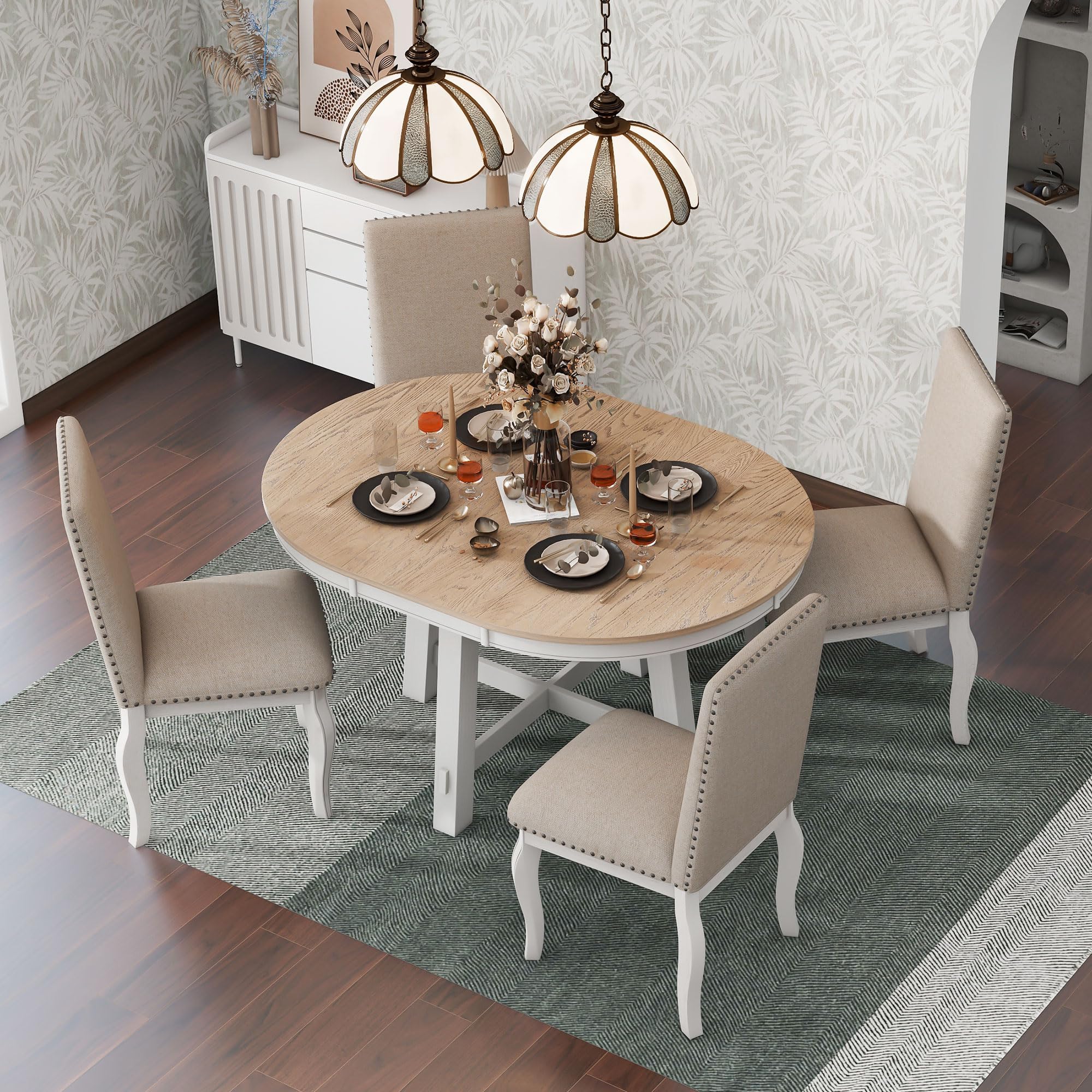 WADRI 5-Piece Dining Table Set with Solid Wood Round Extendable Dining Table and 4 Upholstered Chairs, Farmhouse Rustic Dining Set for 4, Suitable for Kitchen Dinning Room