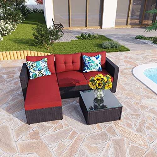 PHI VILLA Outdoor Patio Rattan Sectional Sofa- Small Patio Wicker Furniture Sofa Set 3-Piece, Red