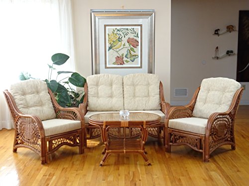 Malibu Lounge Loveseat Sofa Natural Rattan Wicker Handmade Design with Cream Cushions, Colonial