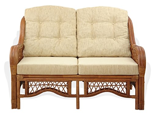 Malibu Lounge Loveseat Sofa Natural Rattan Wicker Handmade Design with Cream Cushions, Colonial