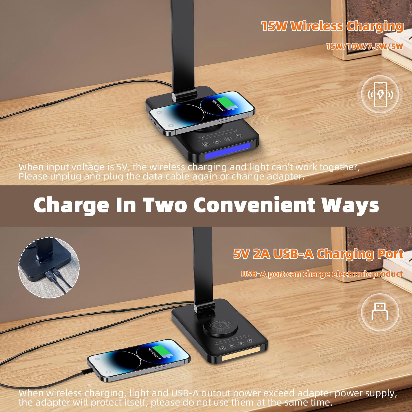 GTIMLMC Desk Lamp with Wireless Charger, LED Table Lamps for Home Office, USB Charging Port, Blue and Warm Bedside Night Light, Touch Dimmable, Eye-Caring, Timer, with Adapter, Black