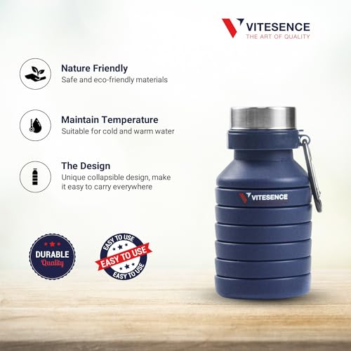 Vitesence collapsable Water Bottle | Safe and Eco-friendly Materials | Suitable for cold and warm water | Flexible Design perfect for camping and travel | 100% Food grade silicone
