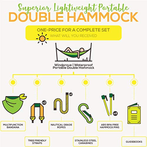 Lazy Monk 2 Person Hammock w/ Tree Straps | Portable Foldable Parachute Double Hamock Outdoor, Travel, Camping | Hamaca para dos | Complete Two People Couple Patio Backyard Outside Hanging Swing Amaca
