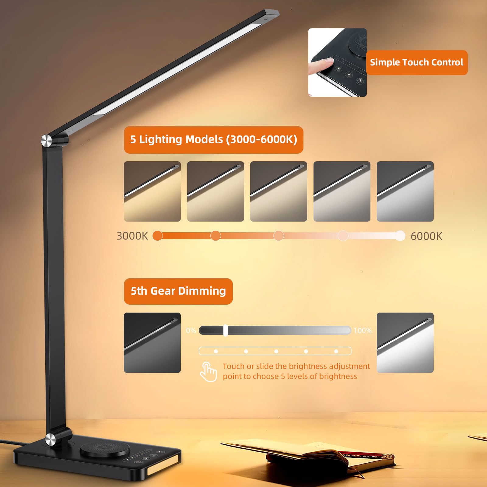 GTIMLMC Desk Lamp with Wireless Charger, LED Table Lamps for Home Office, USB Charging Port, Blue and Warm Bedside Night Light, Touch Dimmable, Eye-Caring, Timer, with Adapter, Black