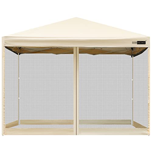 VIVOHOME 210d Oxford Easy Pop Up Canopy, 8x8 Outdoor Screen Tent with Mesh Mosquito Netting Side Walls for Camping Picnic Party Deck Yard Events, Beige