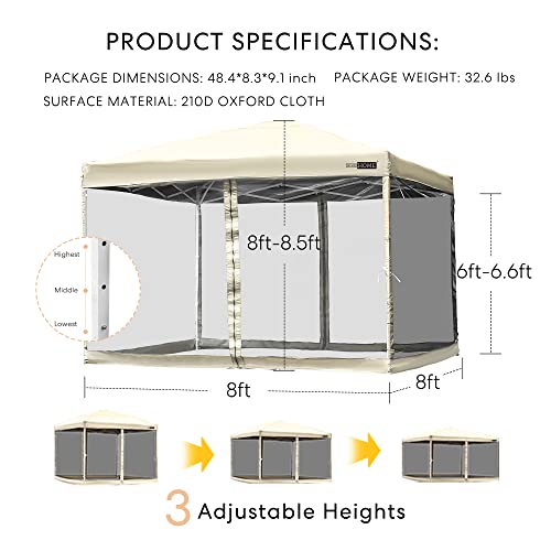 VIVOHOME 210d Oxford Easy Pop Up Canopy, 8x8 Outdoor Screen Tent with Mesh Mosquito Netting Side Walls for Camping Picnic Party Deck Yard Events, BeigeĀ