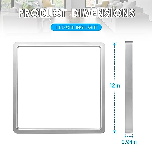 12inch 24W LED Flush Mount Ceiling Light, 5000K Daylight White LED Ceiling Light, 3200LM Flat Square LED Ceiling Lamp for Bedroom, Kitchen, Living Room, Silver