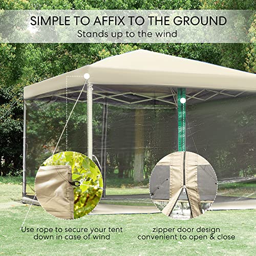 VIVOHOME 210d Oxford Easy Pop Up Canopy, 8x8 Outdoor Screen Tent with Mesh Mosquito Netting Side Walls for Camping Picnic Party Deck Yard Events, BeigeĀ