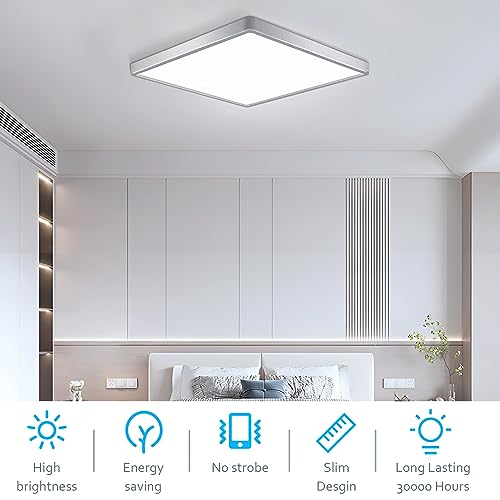 12inch 24W LED Flush Mount Ceiling Light, 5000K Daylight White LED Ceiling Light, 3200LM Flat Square LED Ceiling Lamp for Bedroom, Kitchen, Living Room, Silver