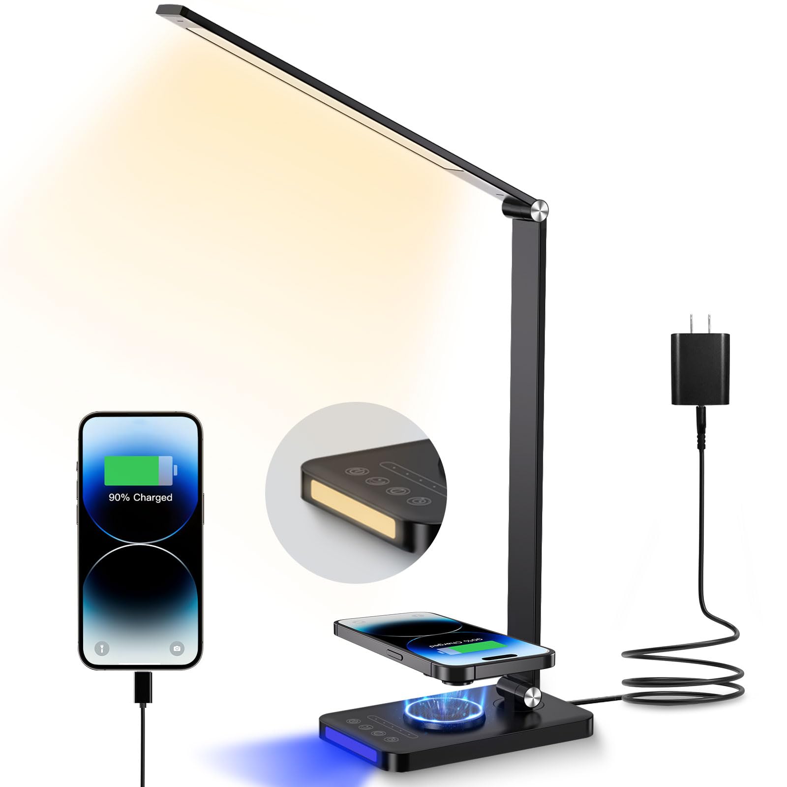 GTIMLMC Desk Lamp with Wireless Charger, LED Table Lamps for Home Office, USB Charging Port, Blue and Warm Bedside Night Light, Touch Dimmable, Eye-Caring, Timer, with Adapter, Black
