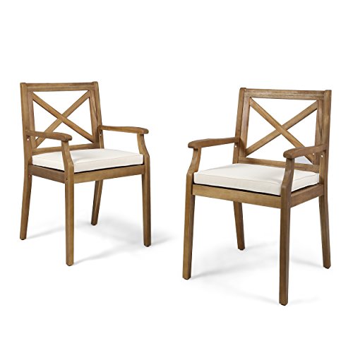 Christopher Knight Home Peter | Outdoor Acacia Wood Dining Chair Set of 2, Teak/Cream Cushion
