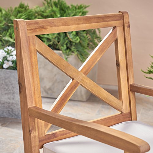 Christopher Knight Home Peter | Outdoor Acacia Wood Dining Chair Set of 2, Teak/Cream Cushion
