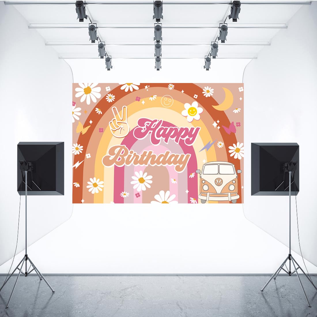 Aperturee 7x5ft Happy Birthday Backdrop Daisy Floral Groovy Photography Backdrop Girls Bday for Newborn Boho Rainbow Bus Party Decorations Cake Table Supplies Banner Photo Booth Props