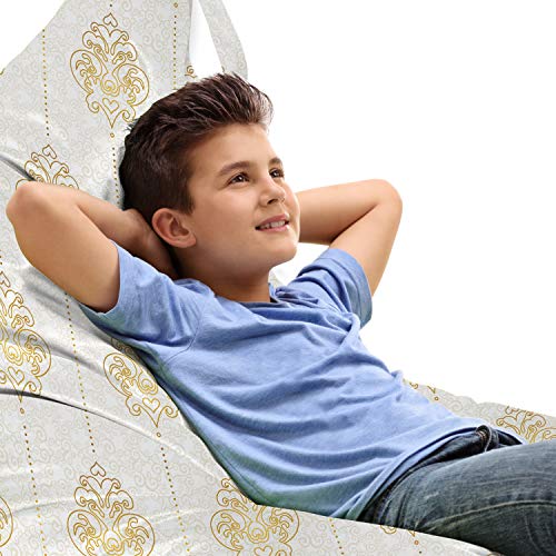 Ambesonne Vintage Lounger Chair Bag, Ornamental Tracery Inspired Swirl Curl Elements Vertical Borders with Dots, High Capacity Storage with Handle Container, Lounger Size, Earth Yellow White
