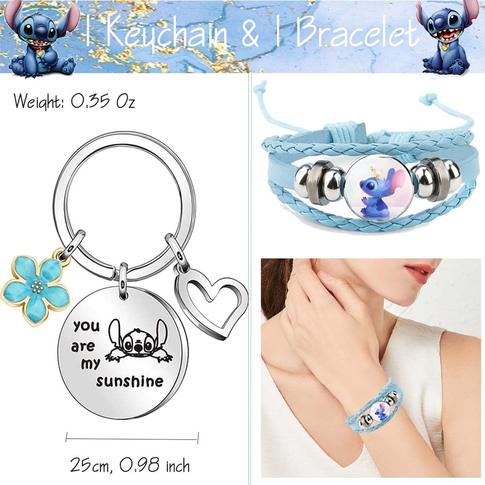 EMISOO Merchandise Stuff Gift Set, Stitch Anime Drawstring Bag, Keychain, Keychain Lanyard, Purse, Bracelets, Sticker, Button Pins (Black A)