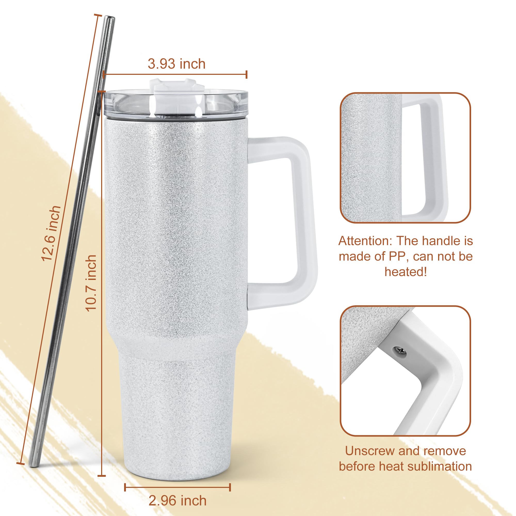 AGH 4 Pack 40 oz Sublimation Glitter White Tumbler with Stainless Steel Straw and Lid, Insulated Double Wall Vacuum Reusable Cups with handle