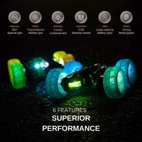 Obsiusfb RC Stunt Car for Kids with Wheel Lights and Headlights, 2.4GHz Double Sided 360° Rotating RC Car, High Speed Rechargeable Remote Control Crawler for Boys & Girls (Blue)