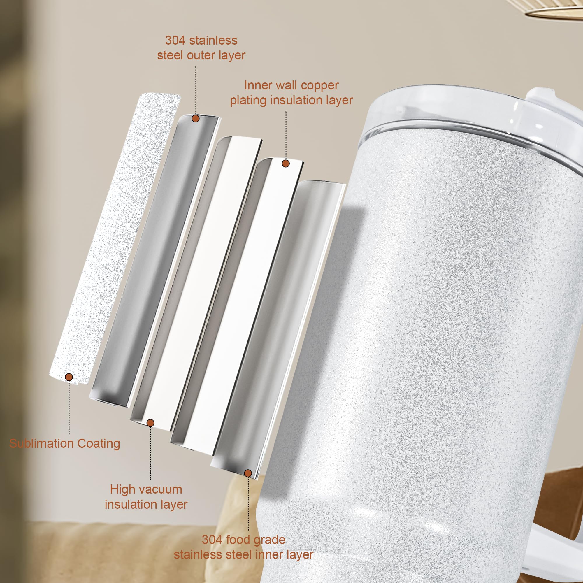 AGH 4 Pack 40 oz Sublimation Glitter White Tumbler with Stainless Steel Straw and Lid, Insulated Double Wall Vacuum Reusable Cups with handle