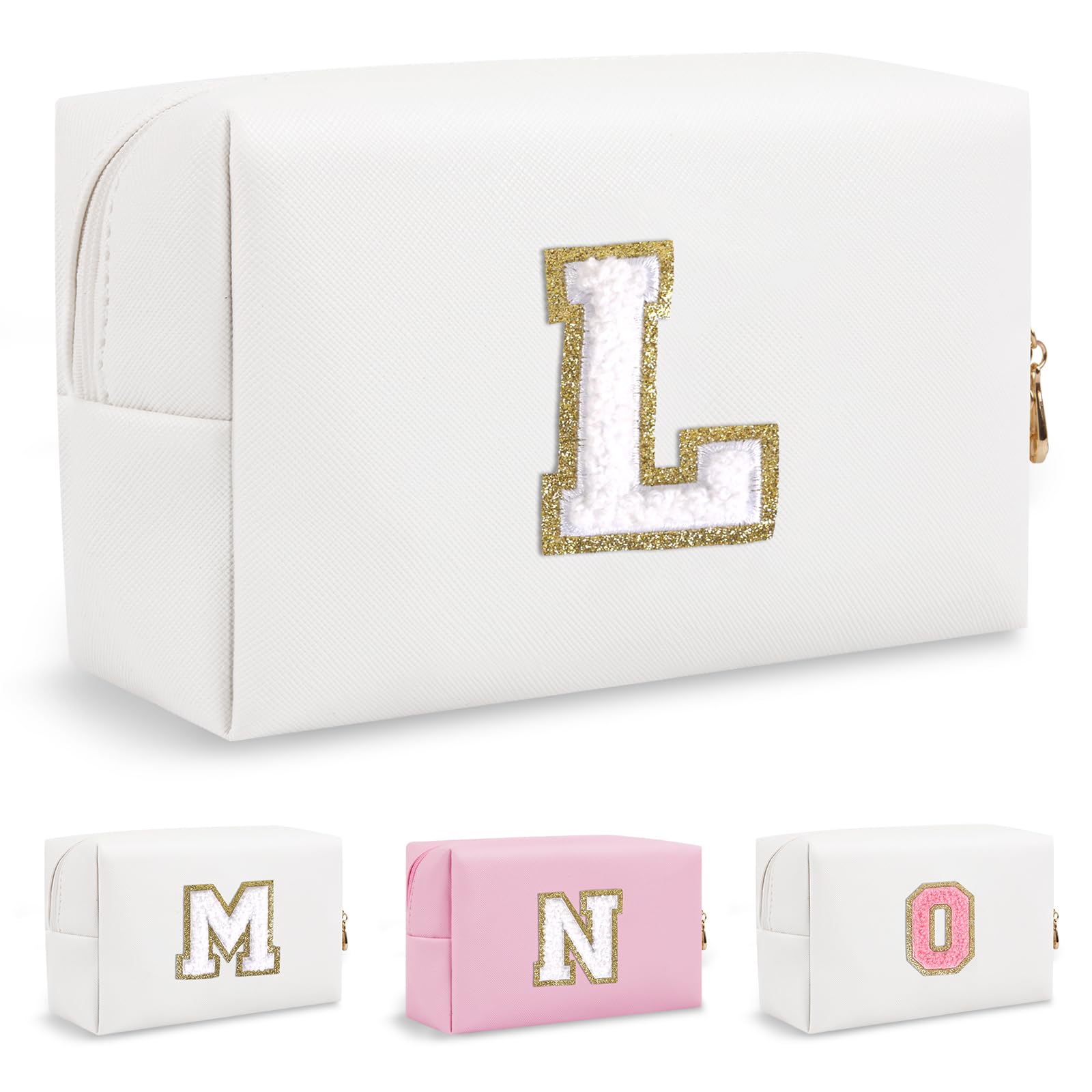 Personalized Initial Preppy Travel Makeup Bag Organizer, Small White Cute Cosmetic Bag Toiletry Zipper Pouch for Women, Portable Waterproof PU Makeup Case Birthday Gift for Female Women(Letter L)