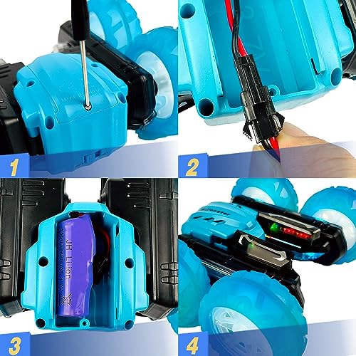 Obsiusfb RC Stunt Car for Kids with Wheel Lights and Headlights, 2.4GHz Double Sided 360° Rotating RC Car, High Speed Rechargeable Remote Control Crawler for Boys & Girls (Blue)