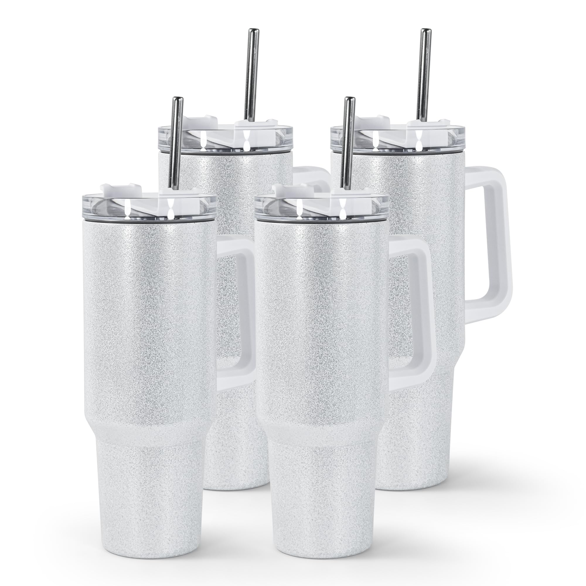 AGH 4 Pack 40 oz Sublimation Glitter White Tumbler with Stainless Steel Straw and Lid, Insulated Double Wall Vacuum Reusable Cups with handle
