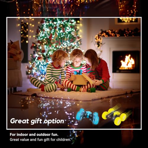 Obsiusfb RC Stunt Car for Kids with Wheel Lights and Headlights, 2.4GHz Double Sided 360° Rotating RC Car, High Speed Rechargeable Remote Control Crawler for Boys & Girls (Blue)