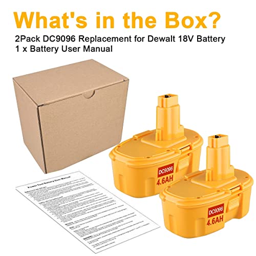 SHGEEN 【2023 Upgraded 4600mAh 】 2Pack DC9096 Ni-MH Replacement for Dewalt 18V Battery XRP DC9096 DC9098 DC9099 DW9095 DW9096 DW9098 DE9039