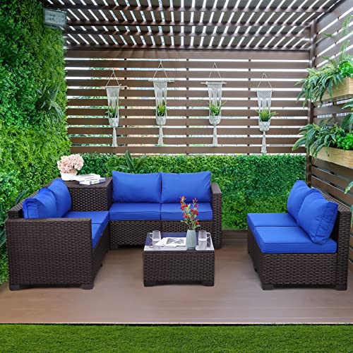 Patio PE Wicker Furniture Set 6 Piece Outdoor Brown Rattan Sectional Loveseat Couch Conversation Sofa Chair with Storage Box and Glass Top Coffee Table, Non-Slip Royal Blue Cushion