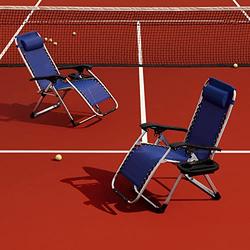 Zero Gravity Chair, Patio Lawn Chairs with Adjustable Headrest and Cup Holder Trays Reclining Chair Set of 2 for Camping Backyard Beach, Blue