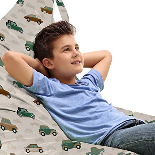 Lunarable Retro Car Lounger Chair Bag, Rhythmic Old Automobiles Driving City Life Vintage Motif Illustration, High Capacity Storage with Handle Container, Lounger Size, Pale Tan Laurel Green