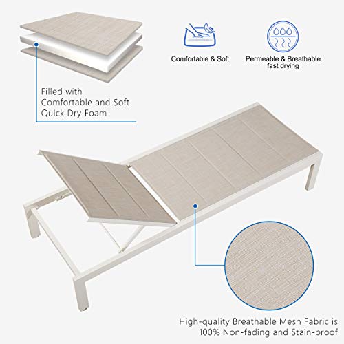 Iwicker 2 PCS Patio Aluminum Chaise Lounges Outdoor Weather-Resistant Textilene Quick Dry Foam Padded Lounge Chairs with Adjustable Backrest and Wheels, Beige