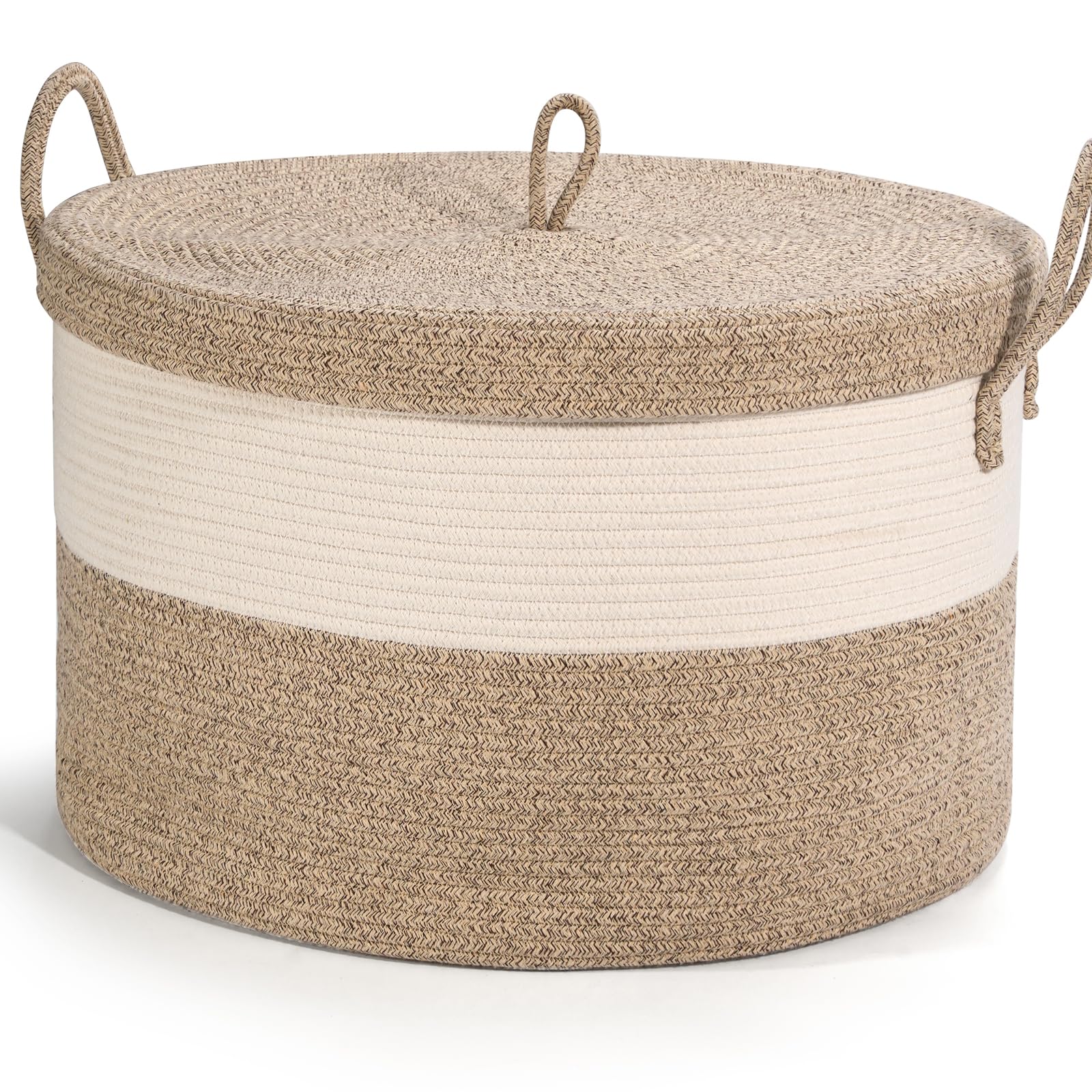 noonkty Blanket Basket, 21.7"X21.7"X13.8" Cotton Rope Basket, XXL Large Basket with Handle, Blanket Basket Living Room, Stuffed Toy Basket, Laundry Basket, Storage for Towels Pillow, Brown (with Lid)