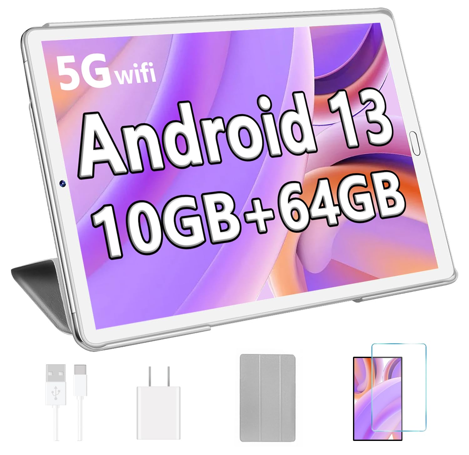 YESTEL 2024 Newest Tablet Android 13 Tablet 10.1 inch with Octa-Core Processor,10GB RAM+64GB ROM (Expand to 1TB),Dual 5MP+8MP Camera,WiFi, Bluetooth, GPS,6000mAh Battery,with Case-Silver
