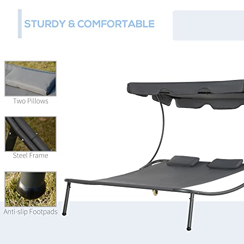 Outsunny Patio Double Chaise Lounge Chair, Outdoor Wheeled Hammock Daybed with Adjustable Canopy and Pillow for Sun Room, Garden, or Poolside, Grey