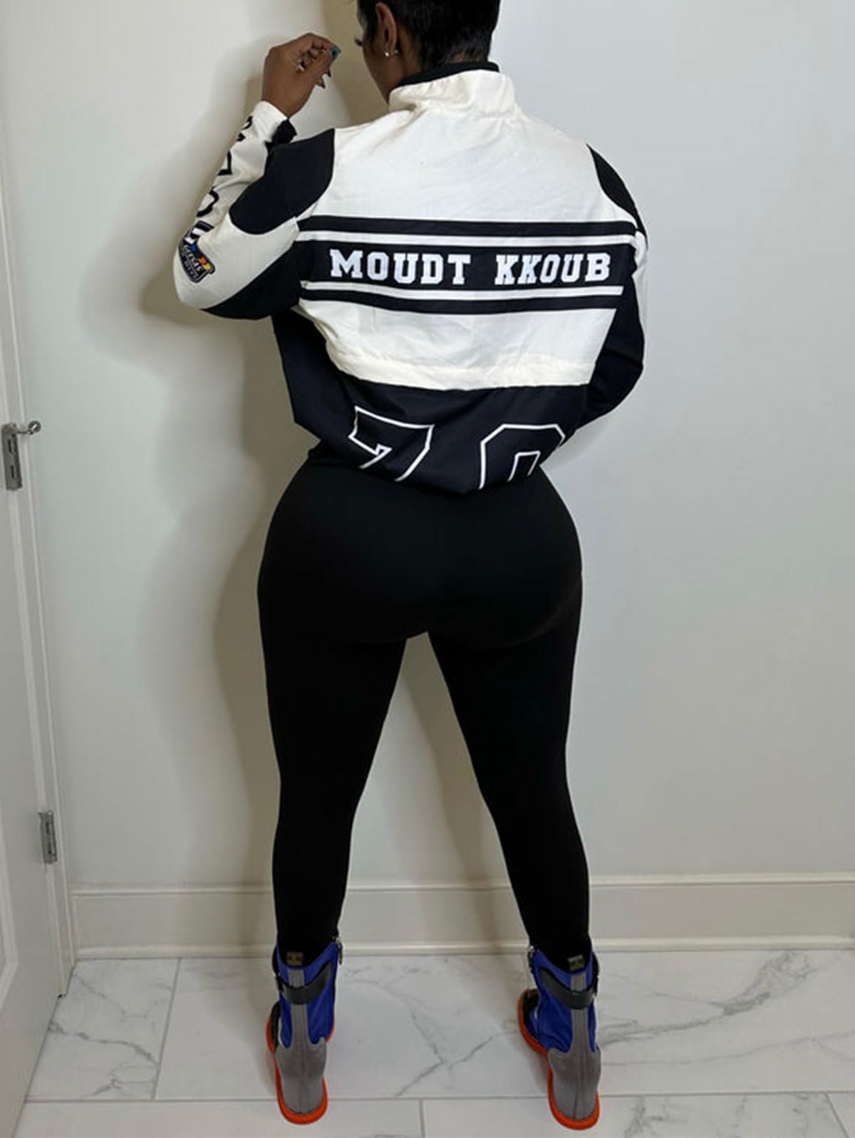 Angsuttc Bomber Jacket Motorcycle Detachable Letter Graphic Racer Jackets Color Contrast Varsity Coats Skirt Set Black XL