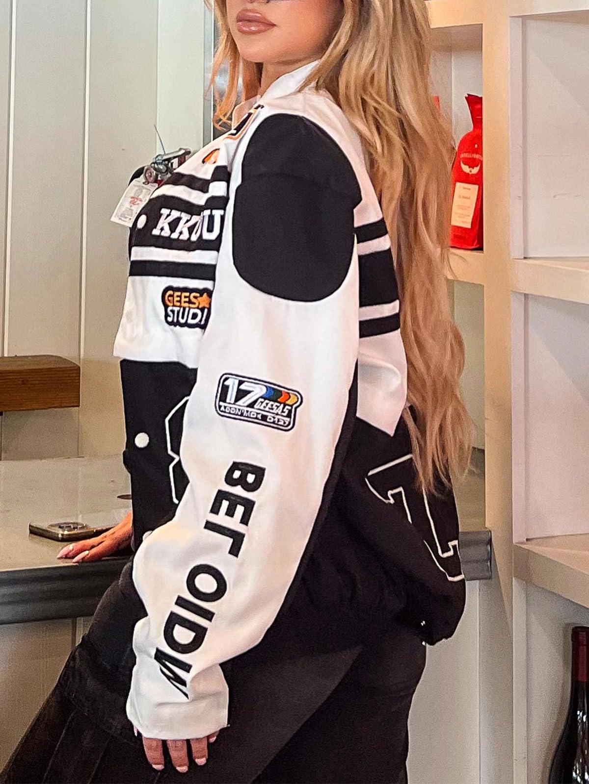 Angsuttc Bomber Jacket Motorcycle Detachable Letter Graphic Racer Jackets Color Contrast Varsity Coats Skirt Set Black XL