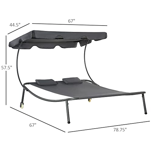 Outsunny Patio Double Chaise Lounge Chair, Outdoor Wheeled Hammock Daybed with Adjustable Canopy and Pillow for Sun Room, Garden, or Poolside, Grey