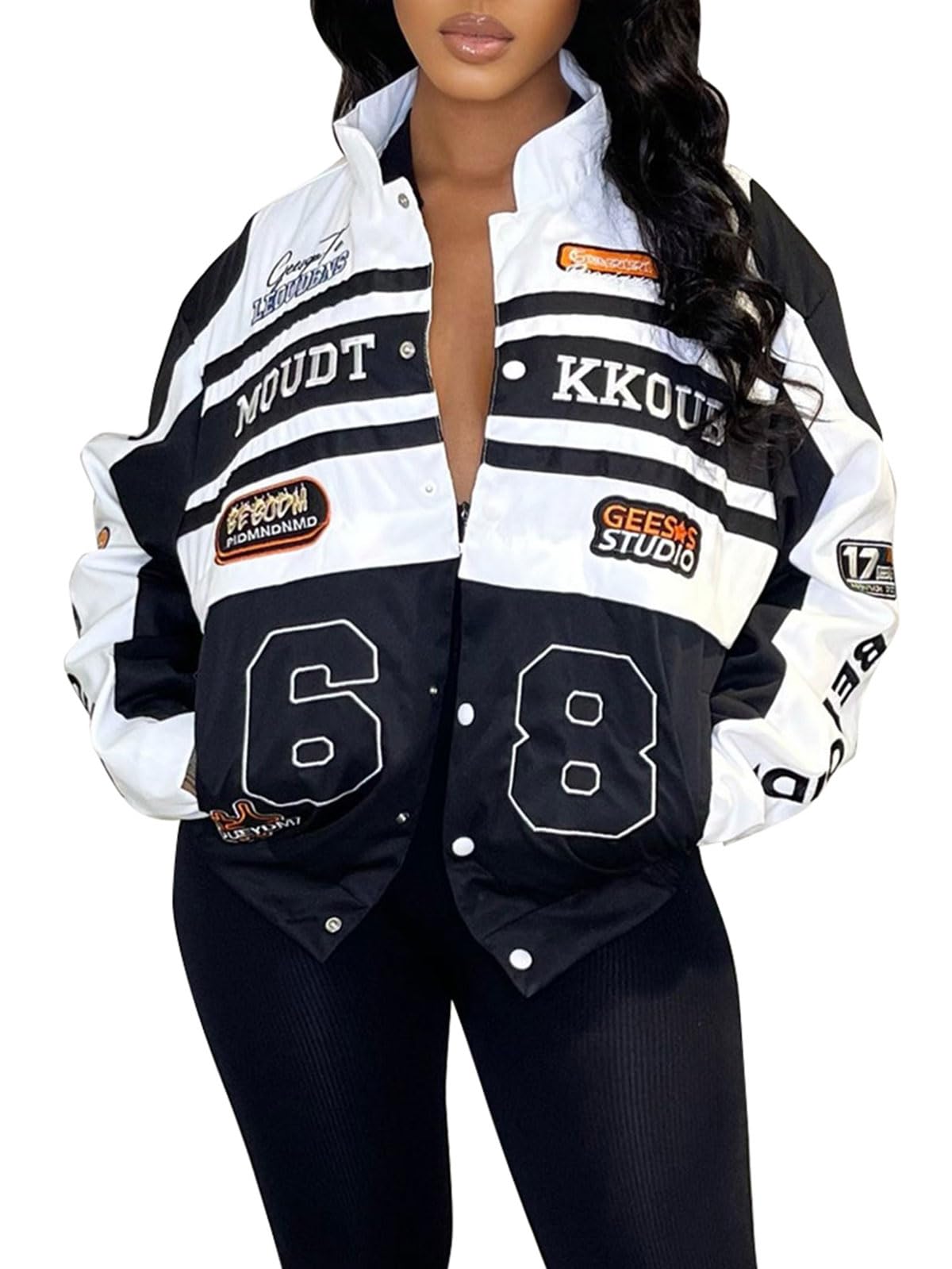 Angsuttc Bomber Jacket Motorcycle Detachable Letter Graphic Racer Jackets Color Contrast Varsity Coats Skirt Set Black XL