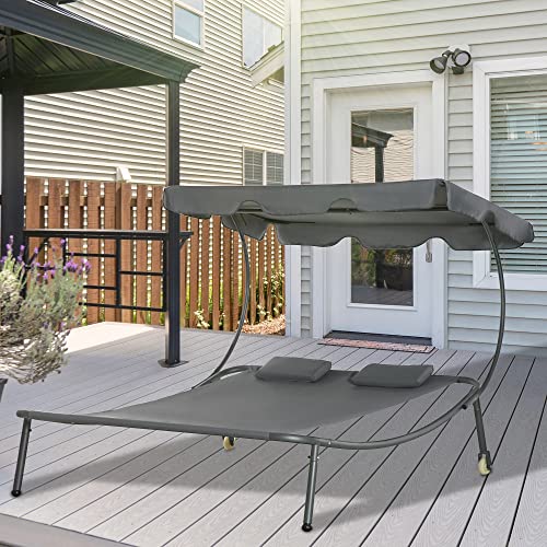 Outsunny Patio Double Chaise Lounge Chair, Outdoor Wheeled Hammock Daybed with Adjustable Canopy and Pillow for Sun Room, Garden, or Poolside, Grey