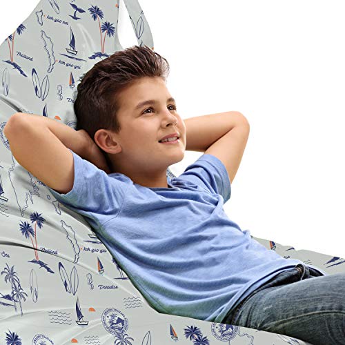 Lunarable Vintage Beach Lounger Chair Bag, Aloha Paradise Summer Thailand Related Palm Tree Surfboard Items, High Capacity Storage with Handle Container, Lounger Size, Pale Sage Green Indigo