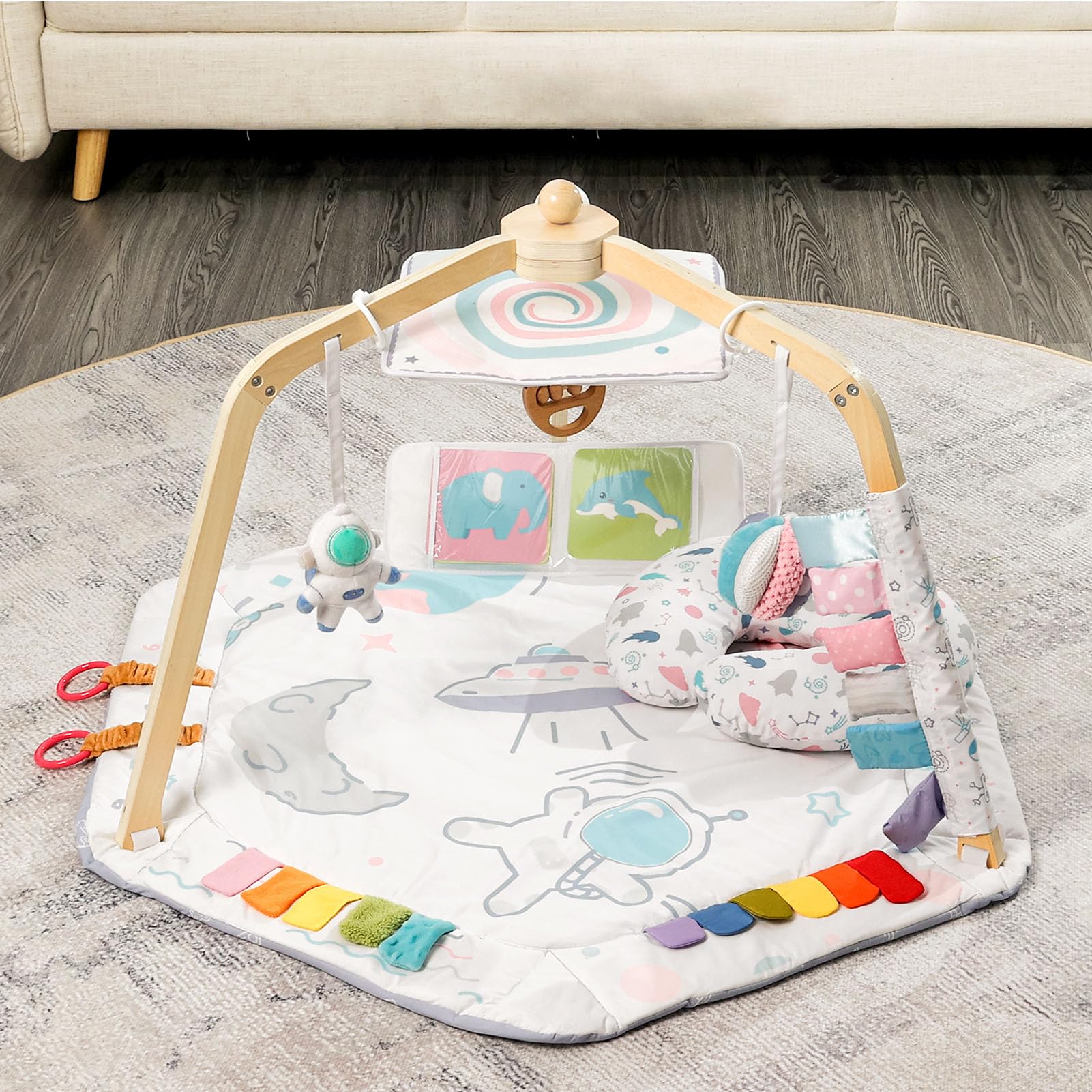 Woodtoe Baby Play Gym Wooden Baby Gym, Montessori Tummy Time Playmats with Natural Wooden Legs, Early Development Activity Gym, Newborn Gift for Infant to Toddler, 0-12 Months