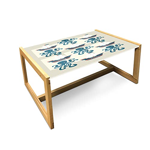 Lunarable Nautical Coffee Table, Pirate Ship and Octopus Sailboat Sails Flag Art Print Sailor Toys, Acrylic Glass Center Table with Wooden Frame for Offices Dorms, Large, Vermilion Beige and Teal