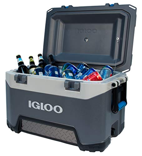 Igloo BMX 52 Quart Cooler with Cool Riser Technology, Fish Ruler, and Tie-Down Points - 16.34 Pounds - Carbonite Gray and Blue