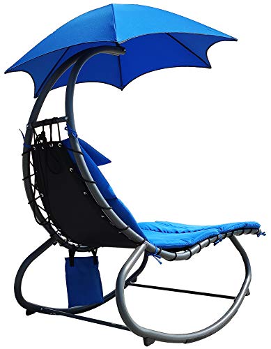 BalanceFrom Hanging Rocking Curved Chaise Lounge Chair Swing with Cushion, Pillow, Canopy, Stand and Storage Pouch, 330-Pound Capacity, Rocking Chair, Blue