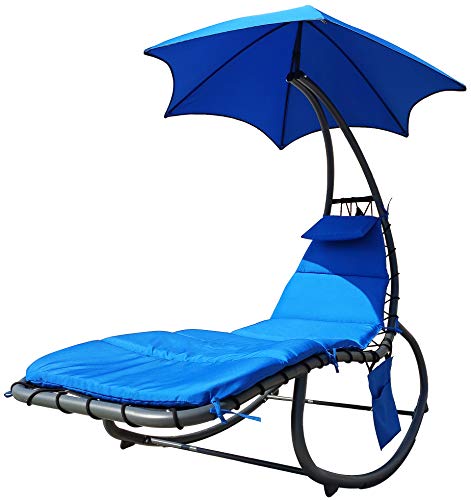 BalanceFrom Hanging Rocking Curved Chaise Lounge Chair Swing with Cushion, Pillow, Canopy, Stand and Storage Pouch, 330-Pound Capacity, Rocking Chair, Blue