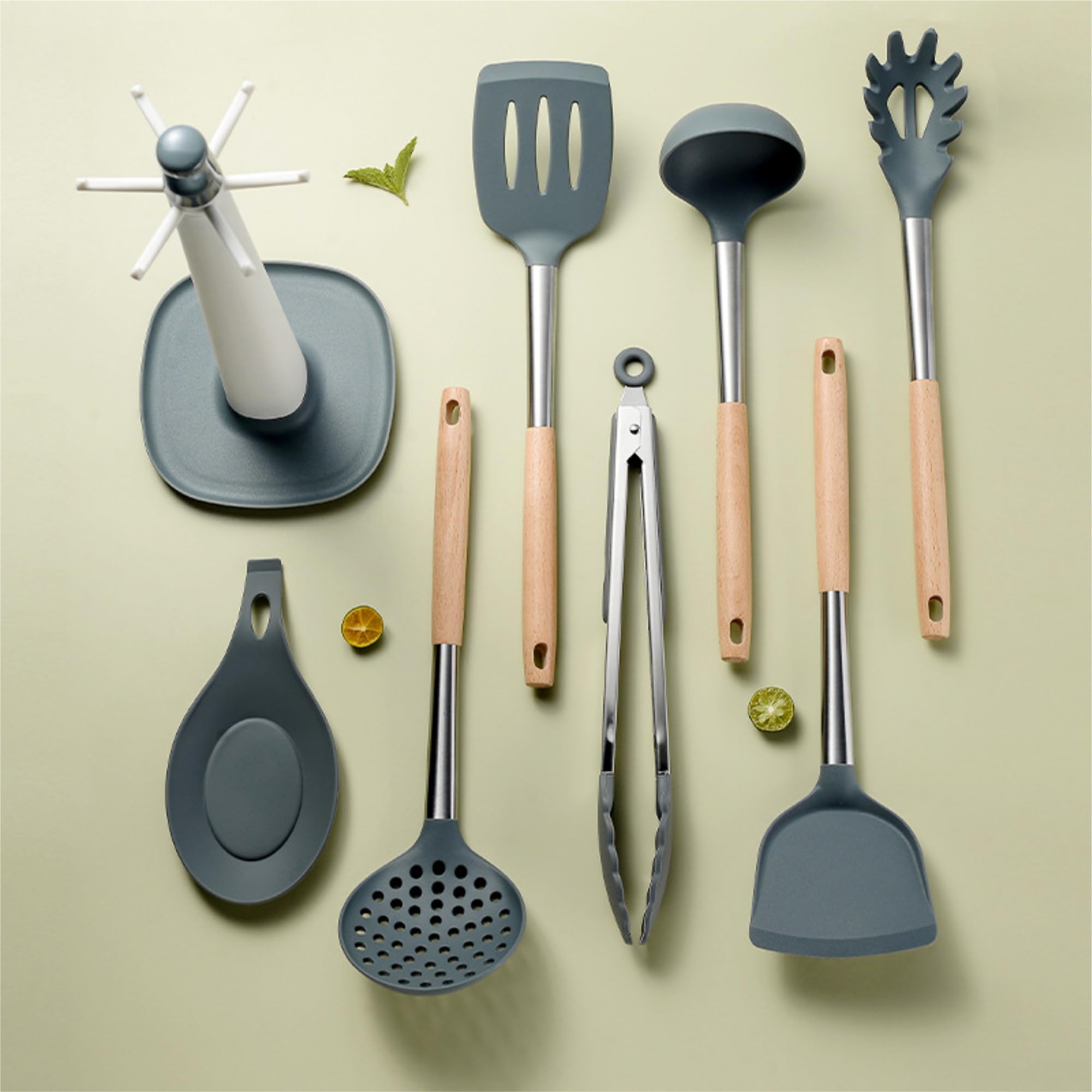 Silicone Cooking Utensils Set, 8pcs Cooking Nonstick Cookware With Wooden Handles and Holder for New Apartment Decor Gadget & Kitchen Tool Gift Sets (Grey)