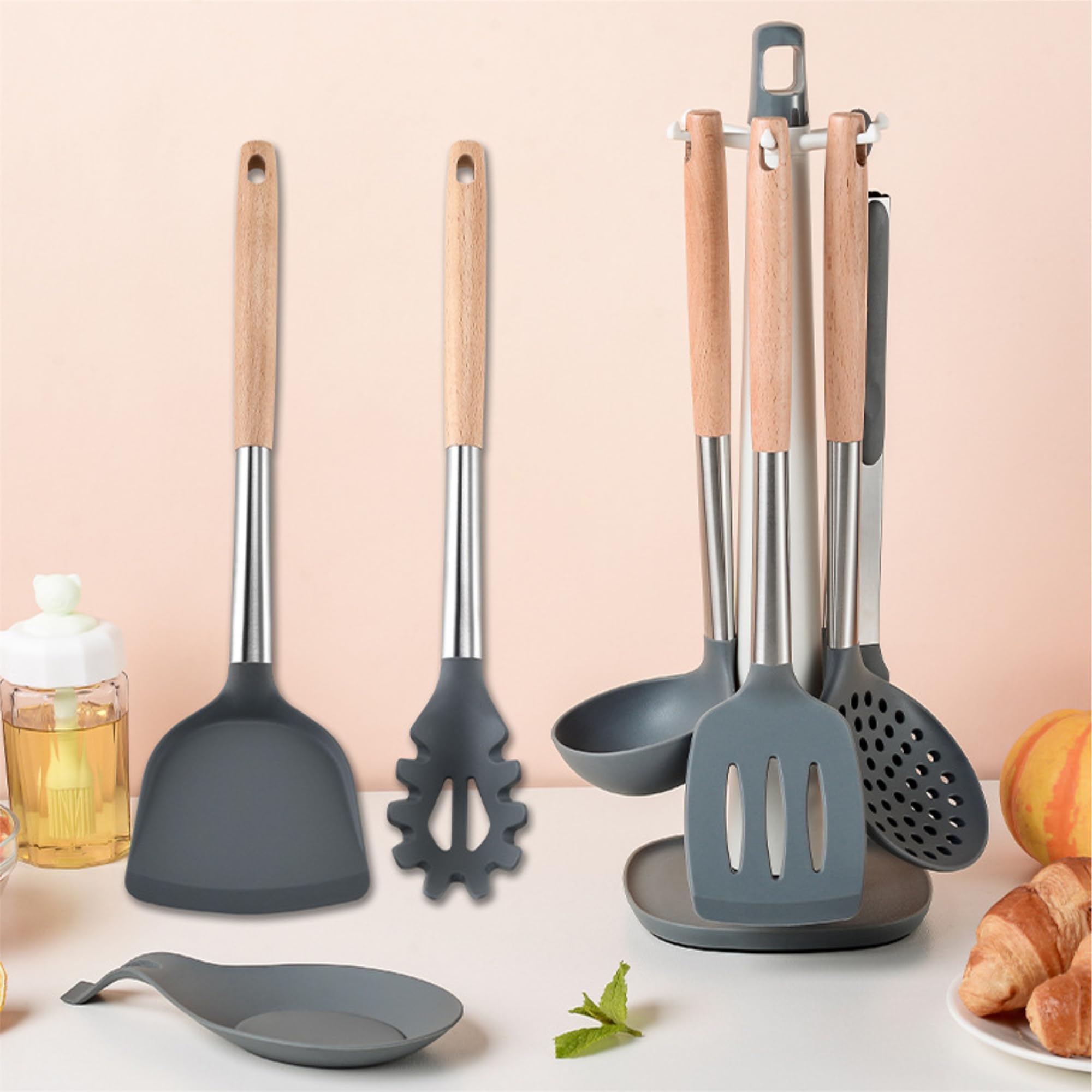 Silicone Cooking Utensils Set, 8pcs Cooking Nonstick Cookware With Wooden Handles and Holder for New Apartment Decor Gadget & Kitchen Tool Gift Sets (Grey)